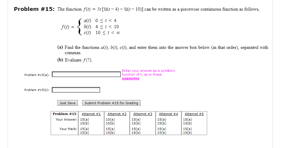 Solved Problem \# 15: The function f(t)=5t[u(t−4)−U(t−10)] | Chegg.com