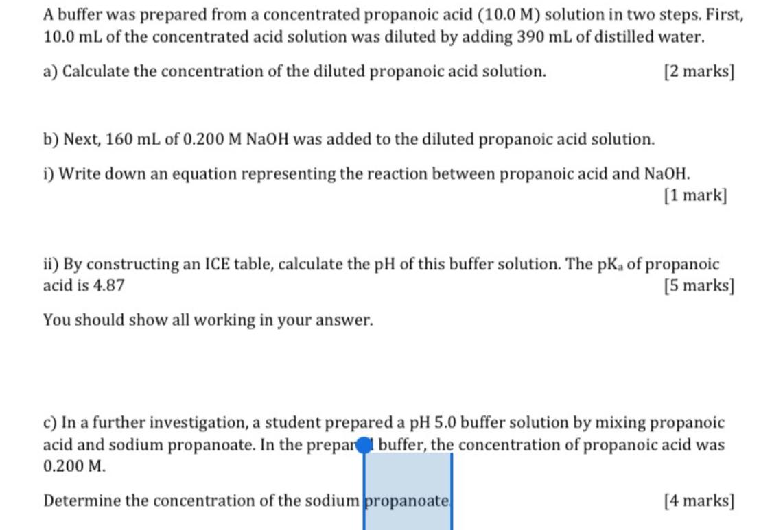 Solved A buffer was prepared from a concentrated propanoic | Chegg.com