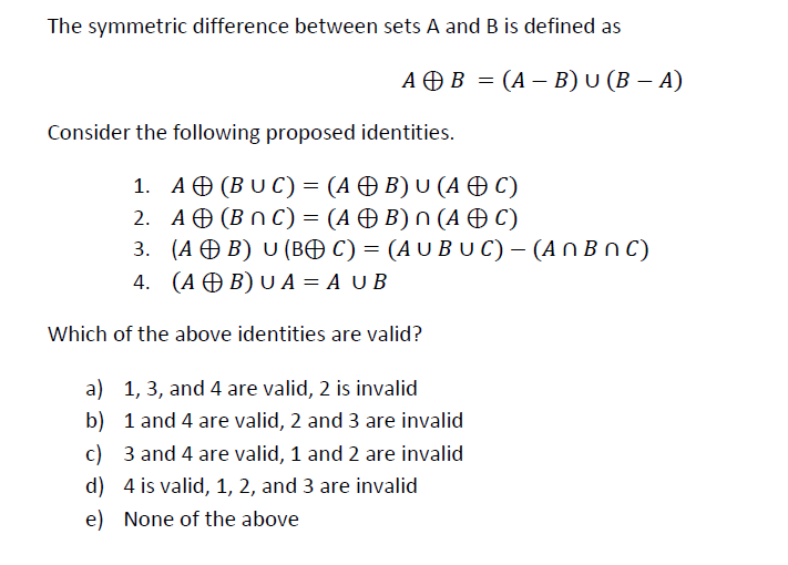 Solved The symmetric difference between sets A and B is | Chegg.com