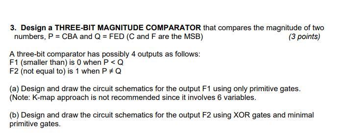 Solved 3. Design a THREE-BIT MAGNITUDE COMPARATOR that | Chegg.com