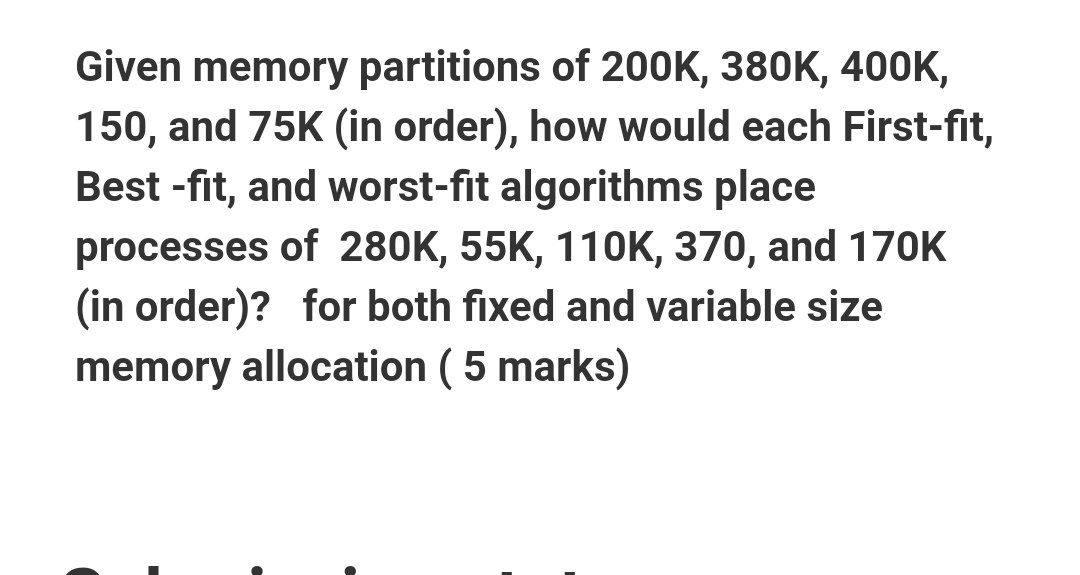 Solved Given memory partitions of 200K, 380K, 400K, 150, and | Chegg.com