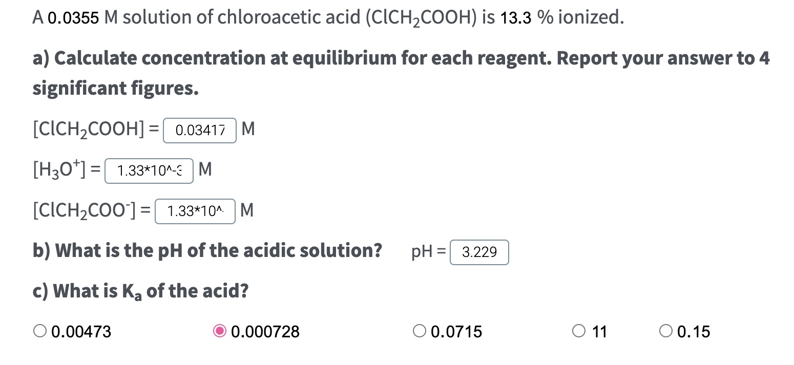 Solved A 0.0355M solution of chloroacetic acid (ClCH2COOH) | Chegg.com