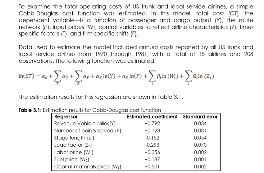 A Cobb-Douglas Cost Function for US Trunk and | Chegg.com