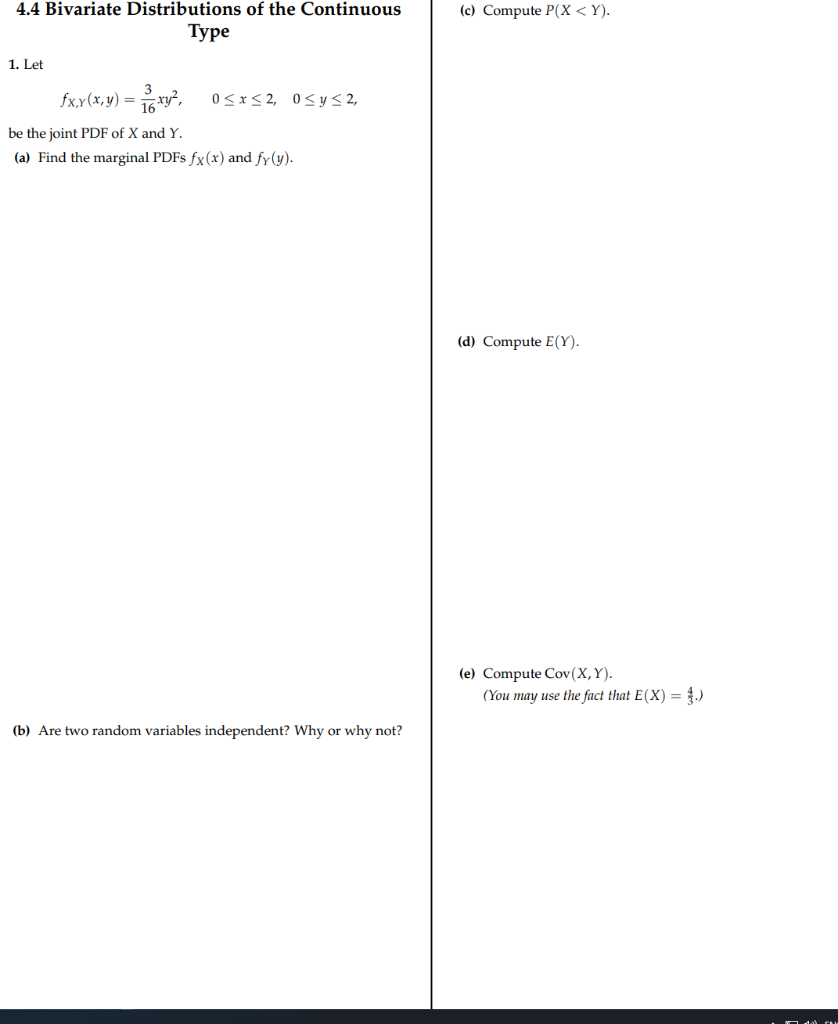 Solved 4.4 Bivariate Distributions of the Continuous Type | Chegg.com