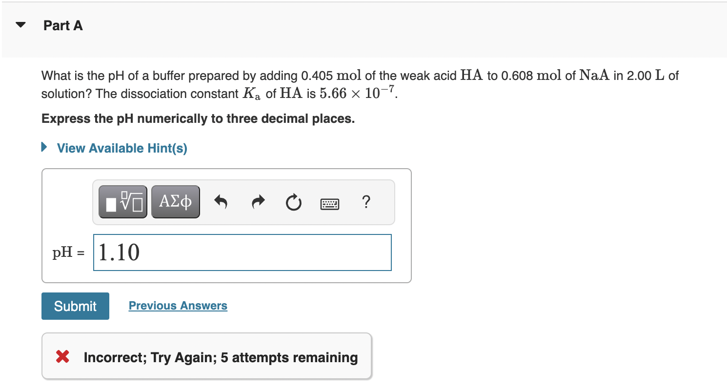 Solved What is the pH of a buffer prepared by adding 0.405 | Chegg.com