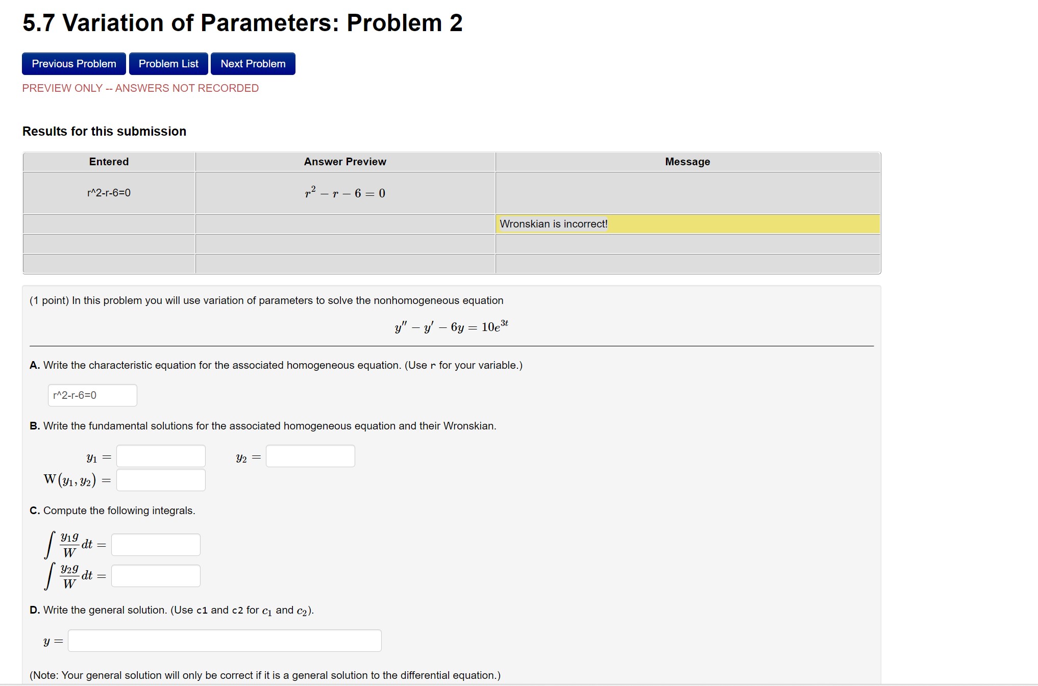 Solved 5.7 Variation of Parameters: Problem 2 PREVIEW ONLY | Chegg.com