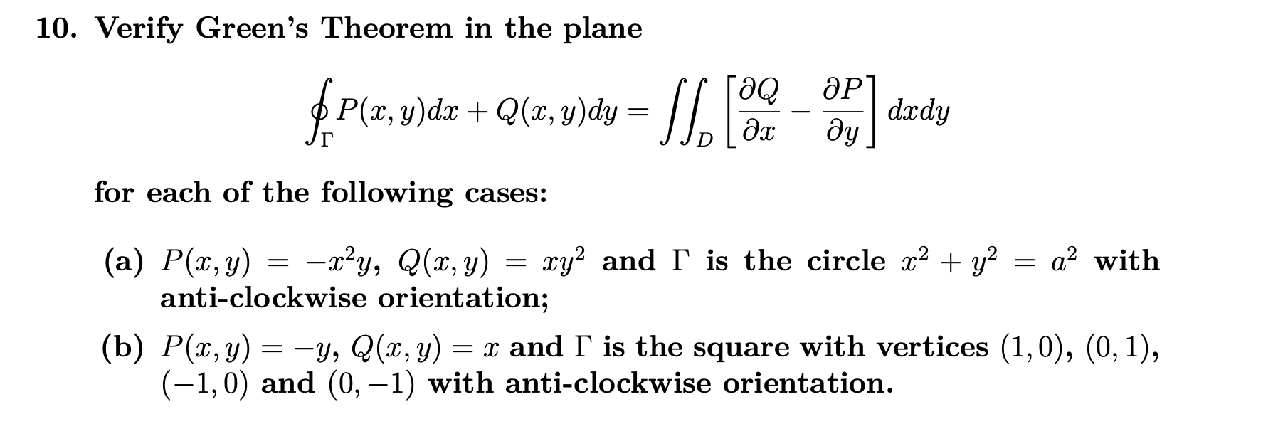 Solved 10. Verify Green's Theorem in the plane & P(x, | Chegg.com