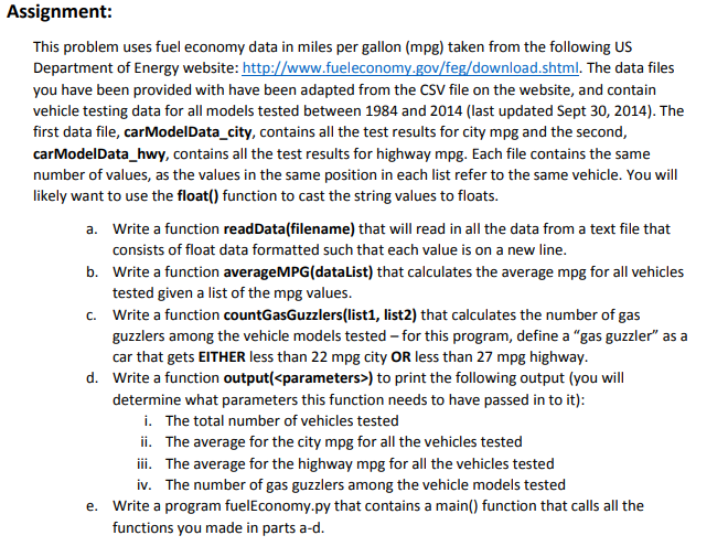 Solved signment: This problem uses fuel economy data in | Chegg.com