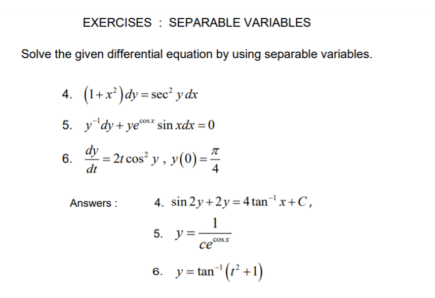 Solved Exercises Separable Variables Solve The Given