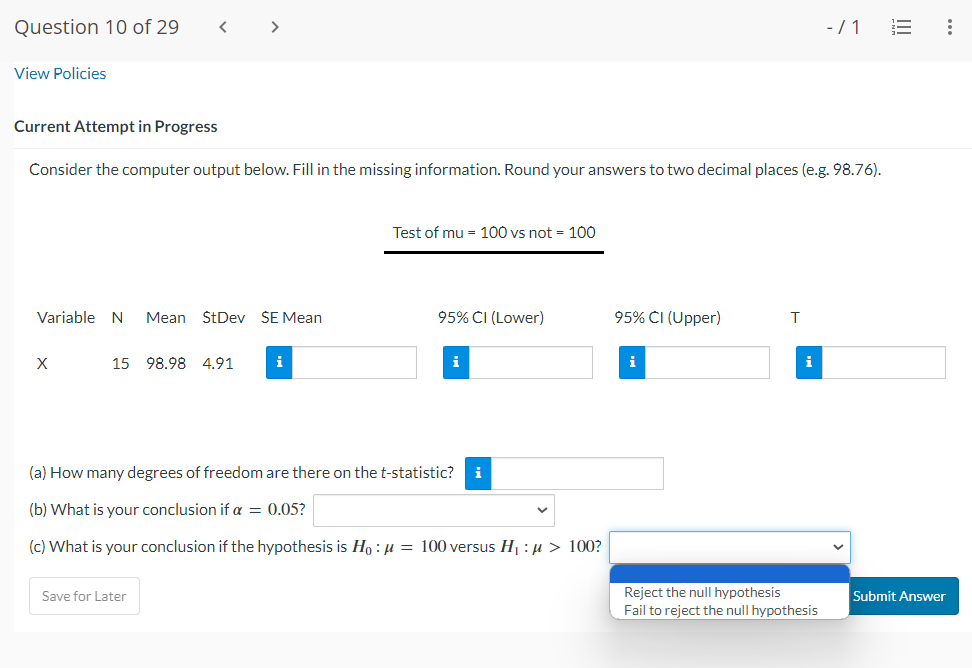Solved Consider the computer output below. Fill in the | Chegg.com