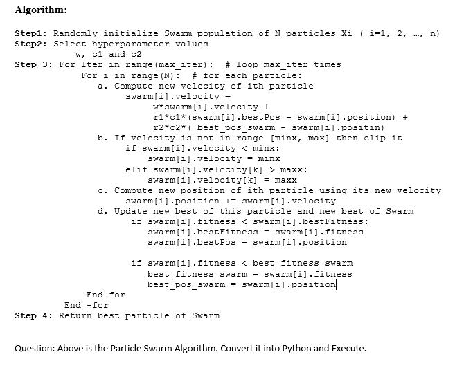 Algorithm: Step1: Randomly initialize Swarm | Chegg.com