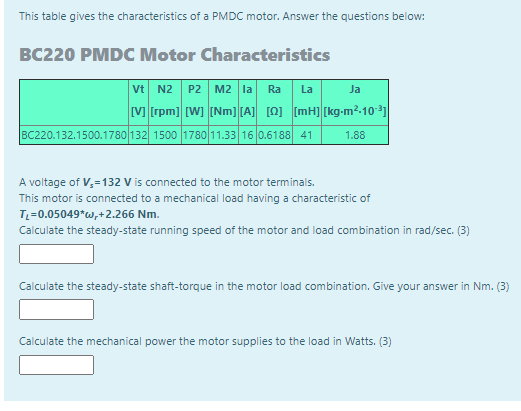 Solved This table gives the characteristics of a PMDC motor. | Chegg.com