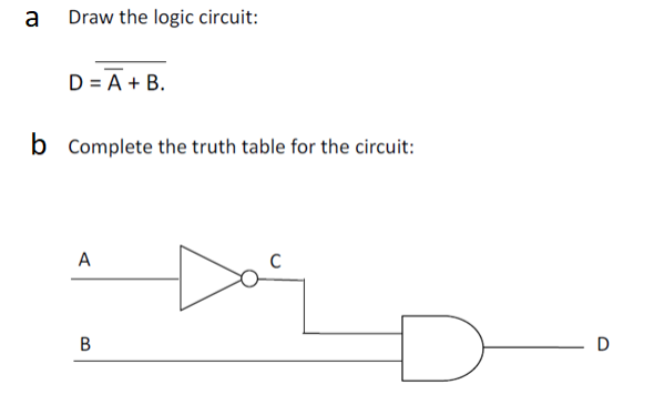 Solved a Draw the logic circuit: D = A + B. b Complete the | Chegg.com