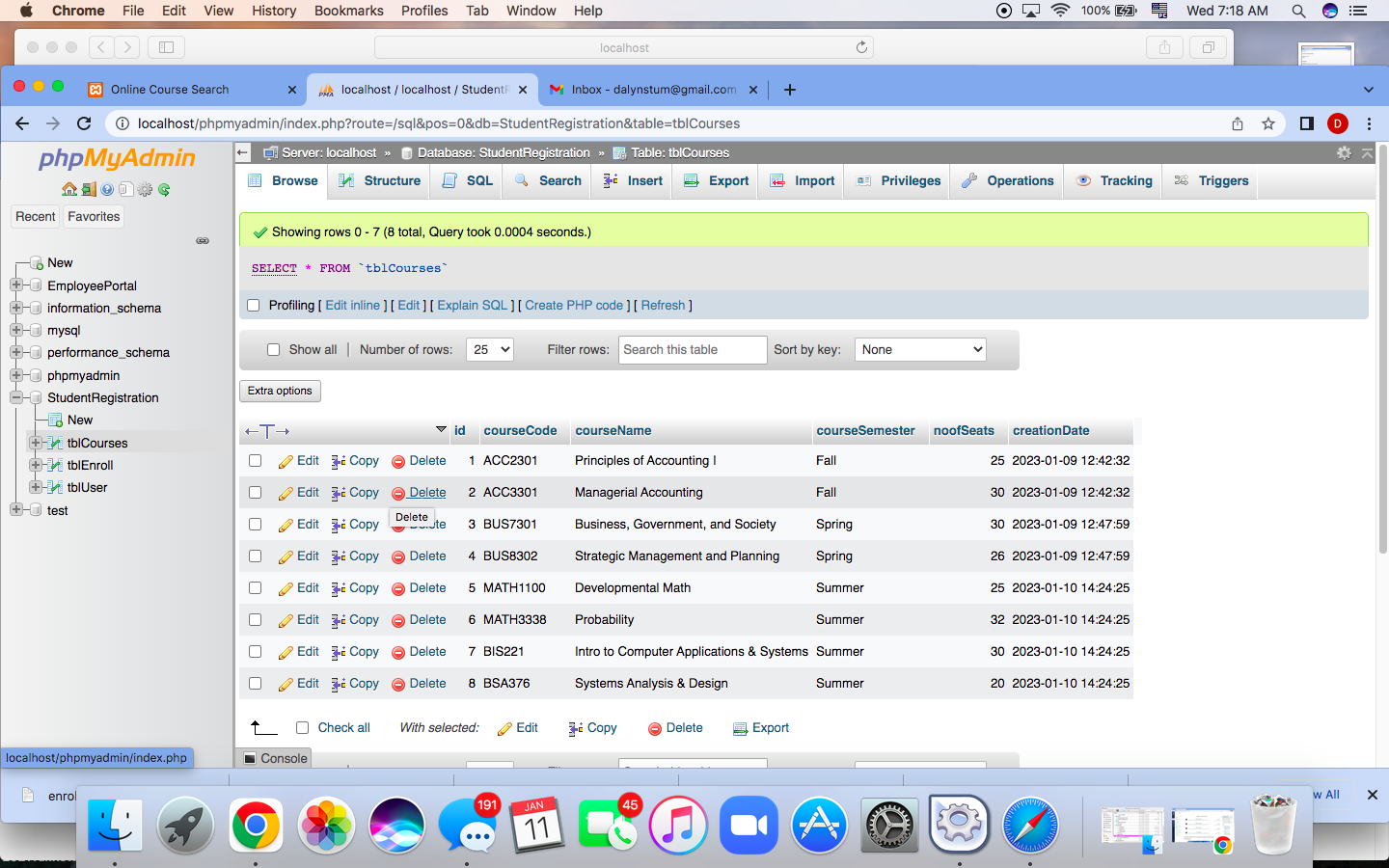 Solved I have a database called studentregistration where I | Chegg.com