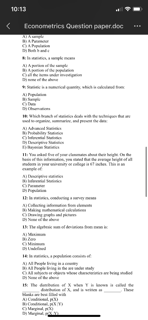 Solved 10:13 Econometrics Question paper.doc A) A sample B) | Chegg.com