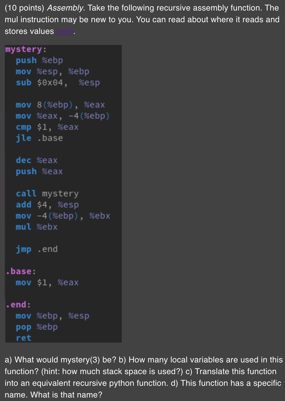 (10 points) Assembly. Take the following recursive | Chegg.com