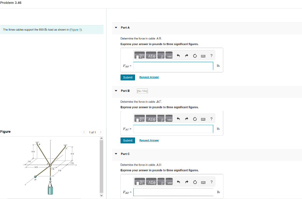 Solved The three cables support the 650-lb load as shown in | Chegg.com