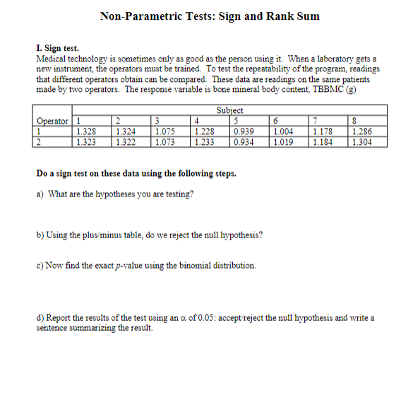 Solved Non-Parametric Tests: Sign and Rank Sum I. Sign test. | Chegg.com