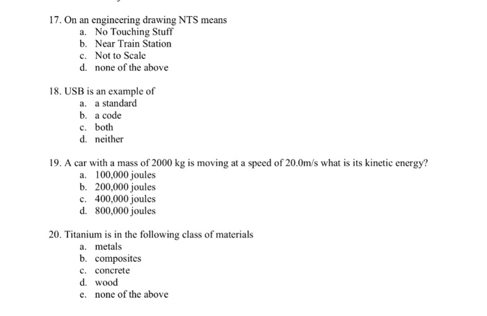 Solved 17. On an engineering drawing NTS means a. No | Chegg.com