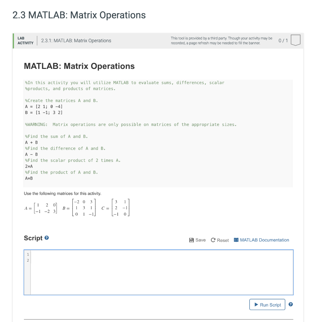 Solved 2 3 MATLAB Matrix Operations LAB ACTIVITY 2 3 1 Chegg