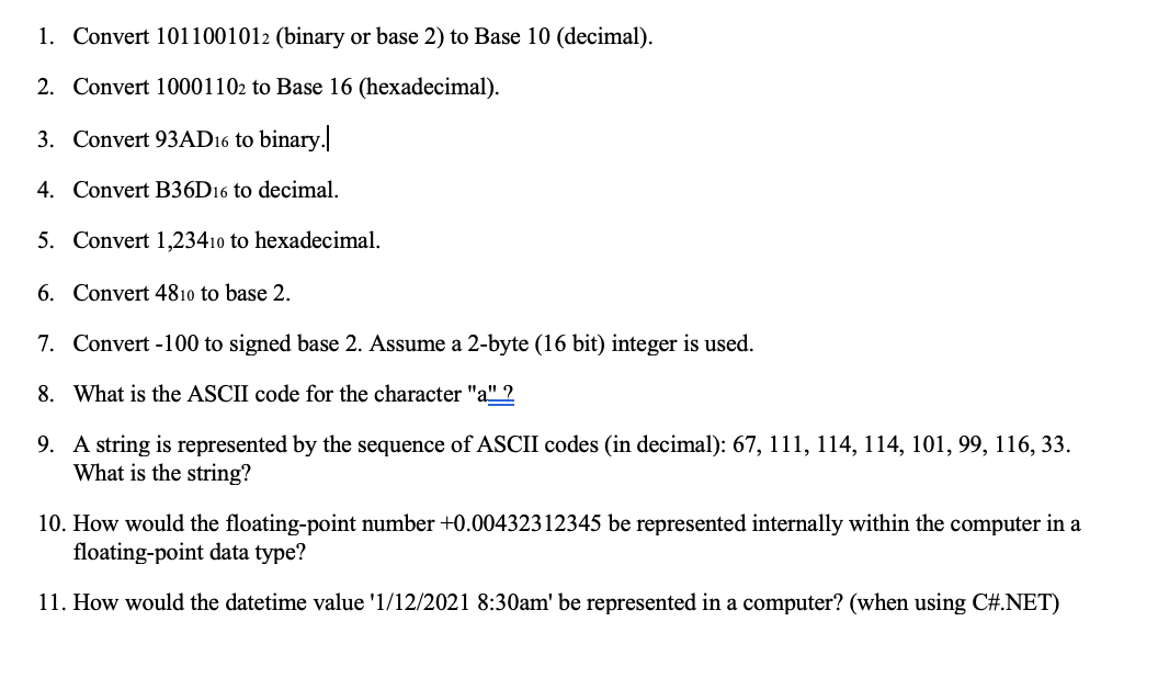 Solved 1. Convert 1011001012 (binary or base 2) to Base 10 | Chegg.com