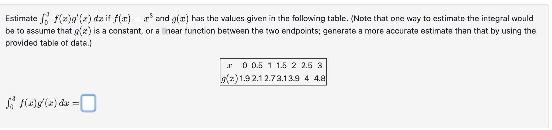 Solved Estimate ∫03f(x)g′(x)dx if f(x)=x3 and g(x) has the | Chegg.com