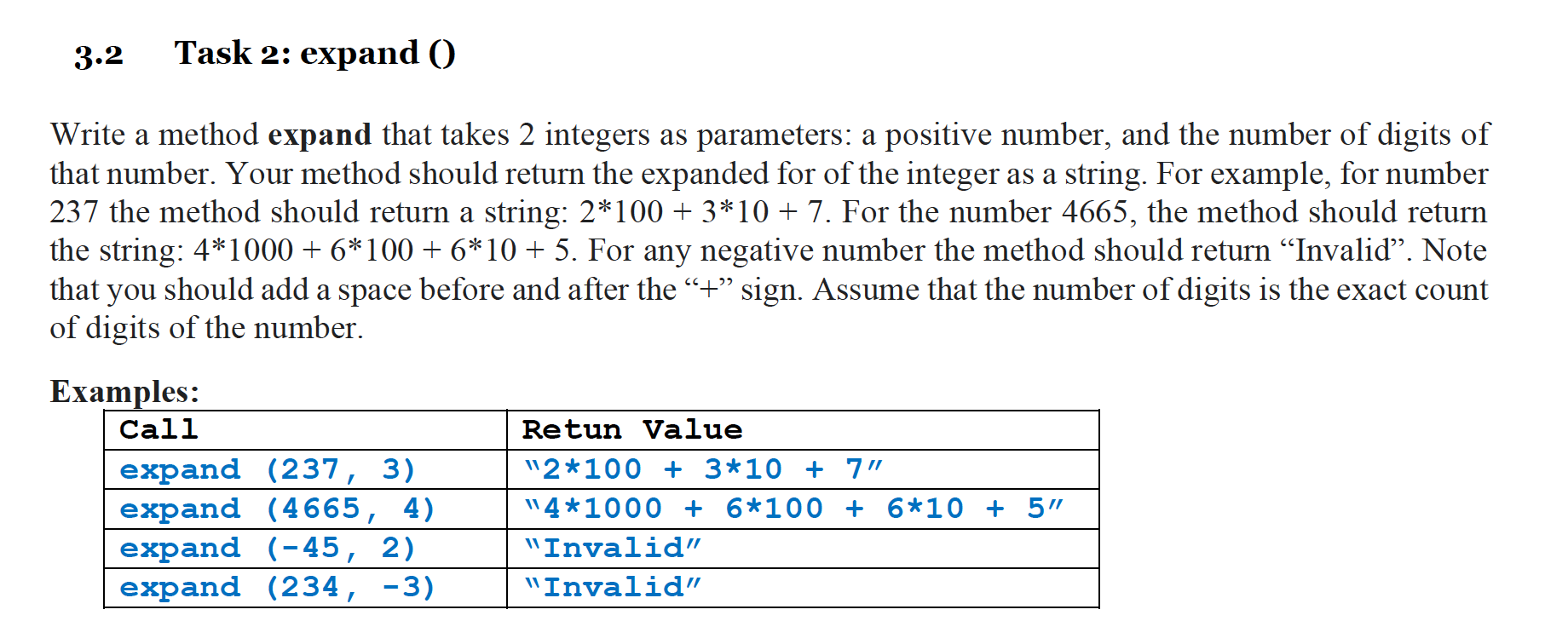 Solved Write a method expand that takes 2 integers as | Chegg.com