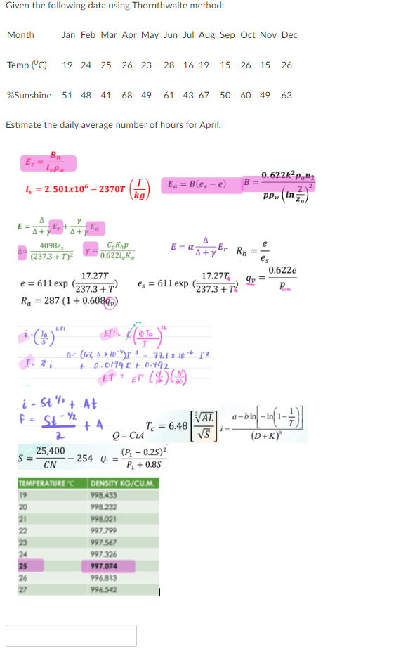 Solved Given the following data using Thornthwaite method: | Chegg.com