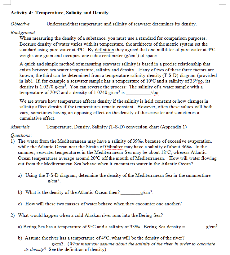Solved Activity 4: Temperature, Salinity and Density | Chegg.com Solved Activity 4: Temperature, Salinity and Density | Chegg.com