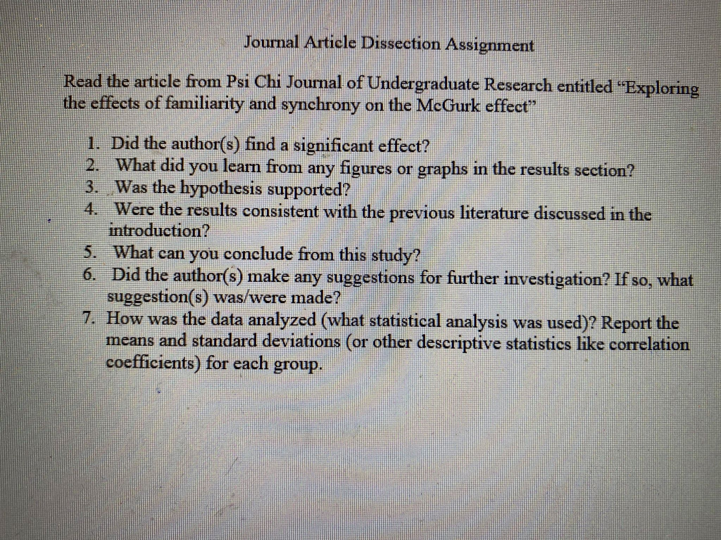Journal Article Dissection Assignment Read the | Chegg.com