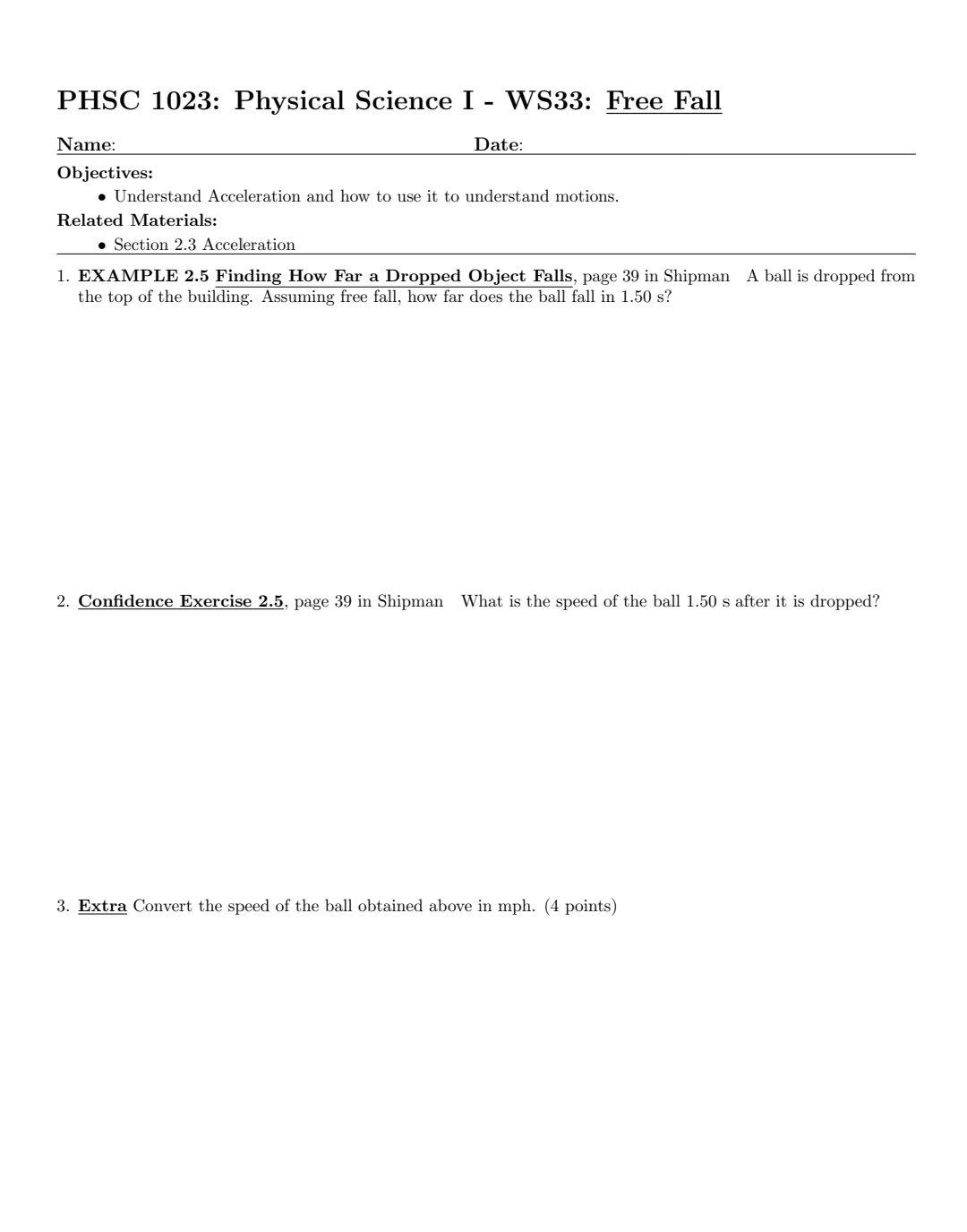 PHSC 1023: Physical Science I - WS33: Free Fall Name: | Chegg.com