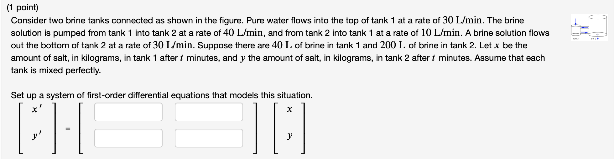 Solved (1 point) Consider two brine tanks connected as shown | Chegg.com
