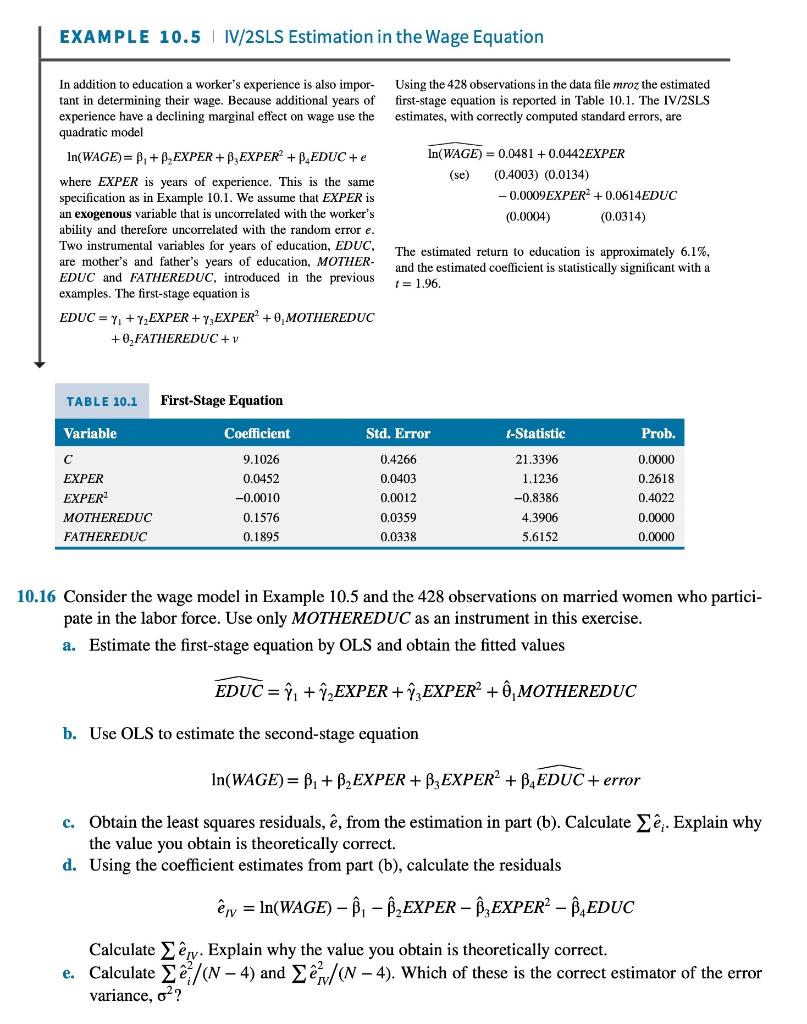 Solved EXAMPLE 10.5 | IV/2SLS Estimation in the Wage | Chegg.com