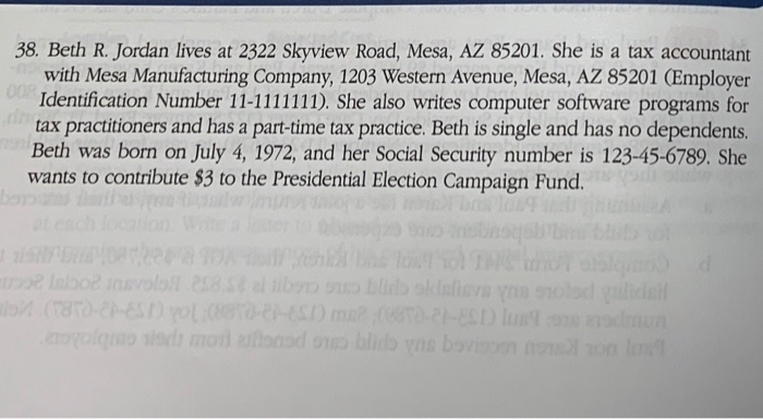 Solved 38. Beth R. Jordan lives at 2322 Skyview Road, Mesa, | Chegg.com