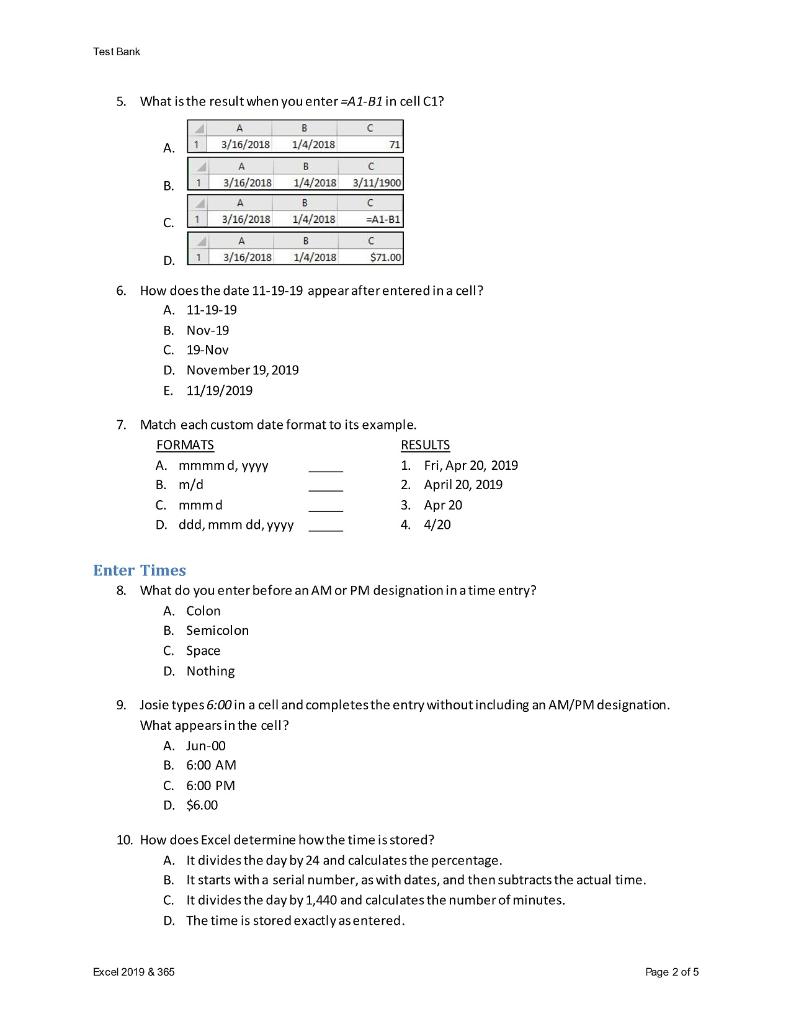 Solved 5. What is the result when you enter =A1−B1 in cell | Chegg.com