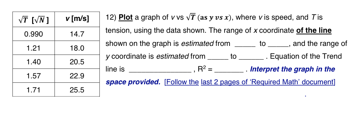 Solved 12) Plot a graph of v vs T (as yvsx ), where v is | Chegg.com