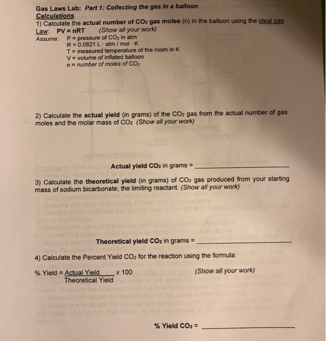 Gas Laws Lab: Part 1: Collecting the gas in a balloon | Chegg.com