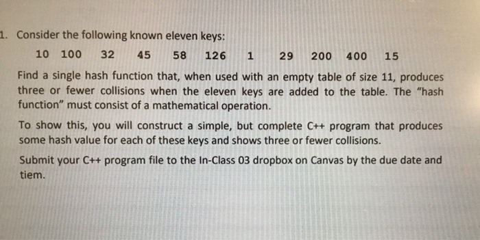 Solved 1. Consider the following known eleven keys: 10 100 | Chegg.com