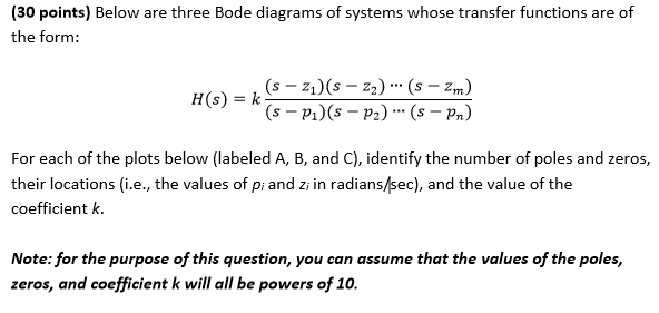 Solved (30 points) Below are three Bode diagrams of systems | Chegg.com