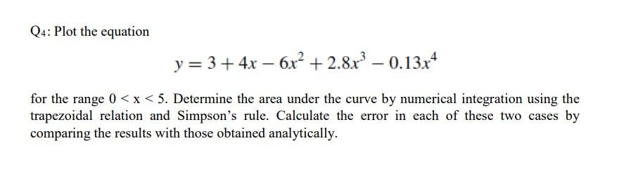 Solved Q4 : Plot the equation y=3+4x−6x2+2.8x3−0.13x4 for | Chegg.com