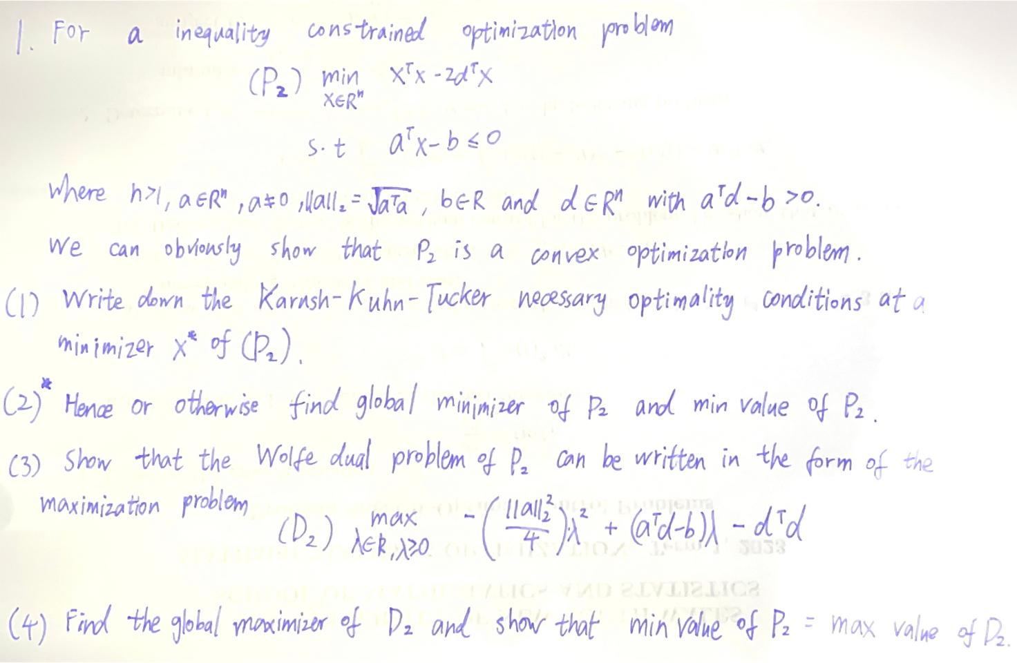 Solved 1 For A Inequality Constrained Optimization Problom 