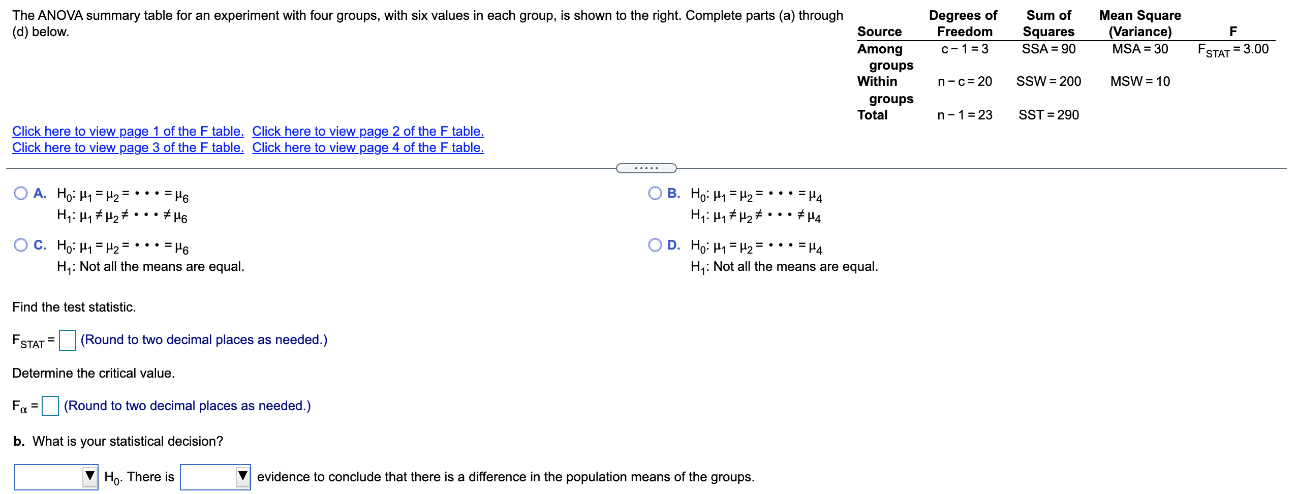Solved The ANOVA summary table for an experiment with four | Chegg.com