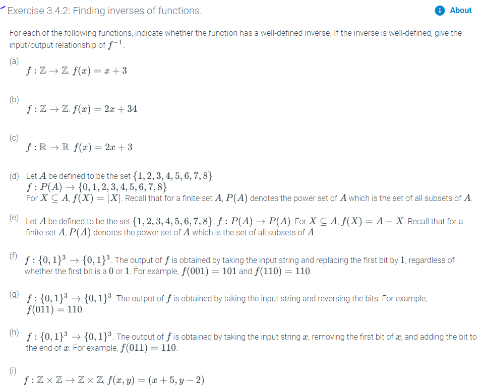Solved Exercise 3.4.2: Finding inverses of functions. 0 | Chegg.com