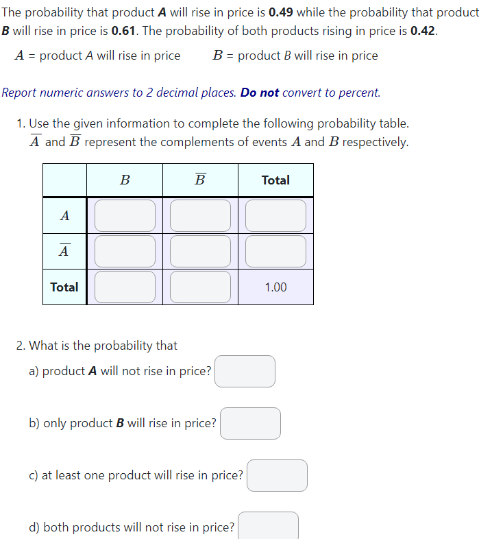 Solved The probability that product A will rise in price is | Chegg.com