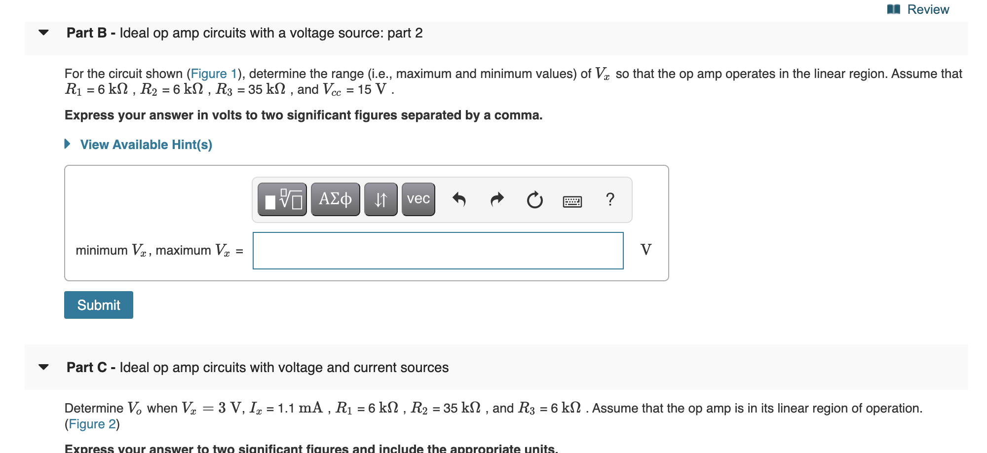Solved 1 Review Part B - Ideal op amp circuits with a | Chegg.com
