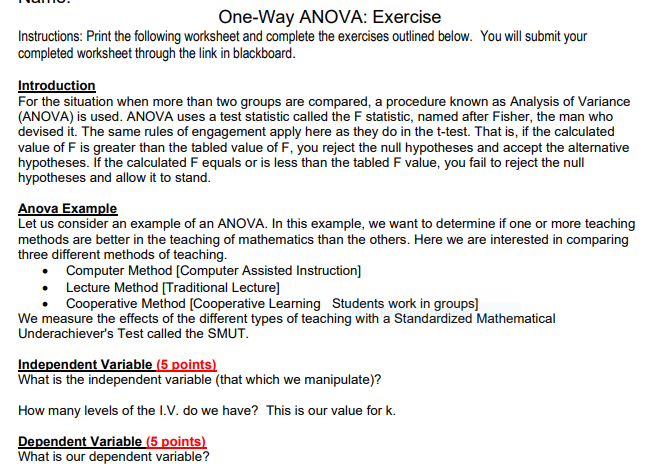 One-Way ANOVA: Exercise Instructions: Print the | Chegg.com