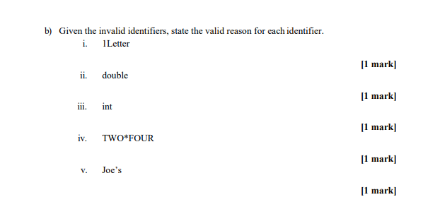 Solved b) Given the invalid identifiers, state the valid | Chegg.com