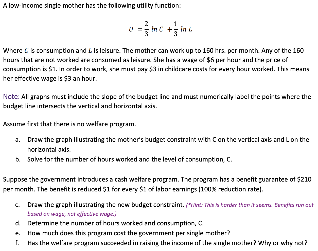 Solved A low-income single mother has the following utility | Chegg.com