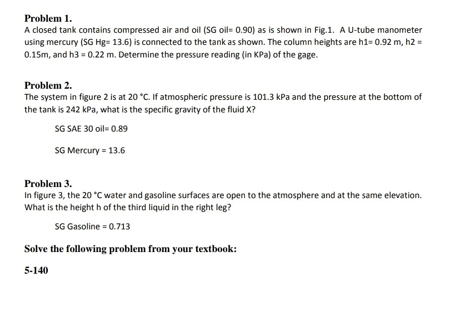Solved Problem 1. A closed tank contains compressed air and | Chegg.com