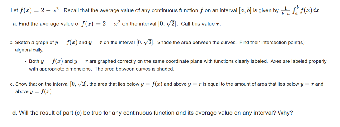 Solved Let f(x)=2−x2. Recall that the average value of any | Chegg.com